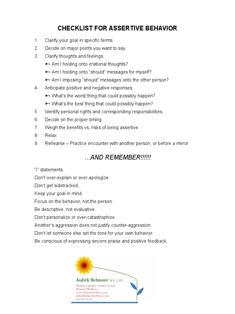 Checklist For Assertive Behavior | PDF