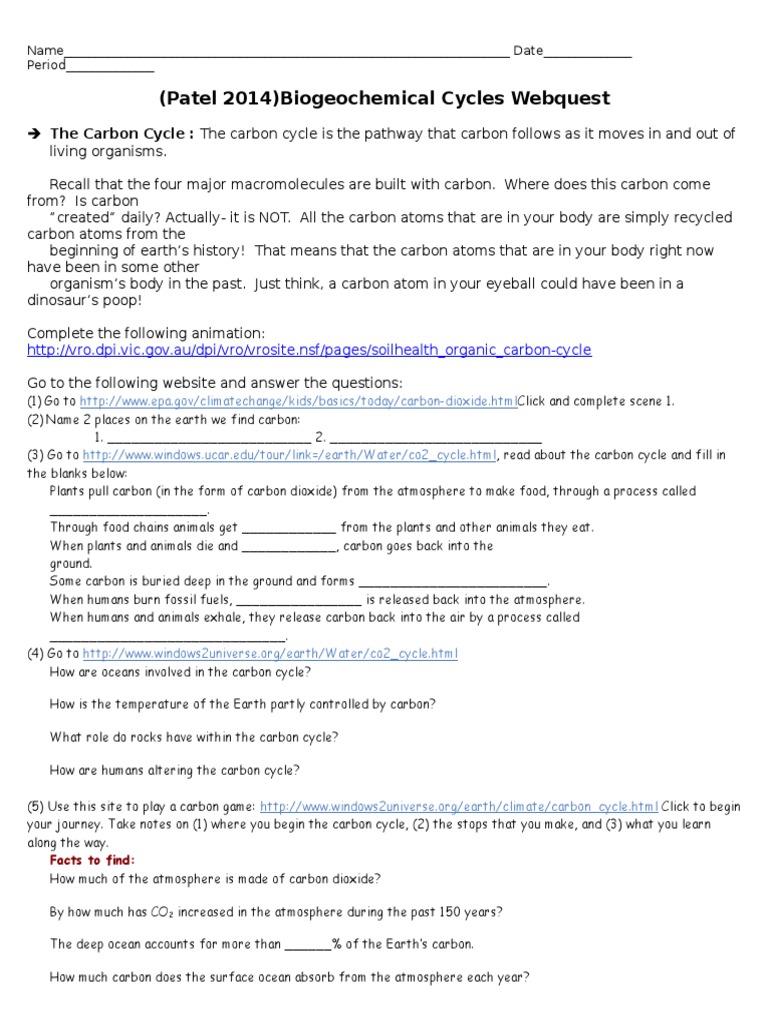Biogeochemical Cycles Webquest Guide | PDF | Carbon Cycle | Physical ...