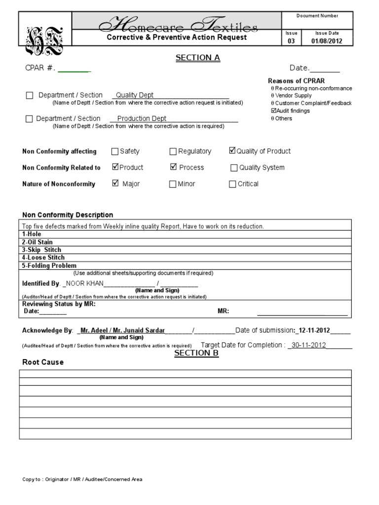 Corrective Action Request Template | PDF