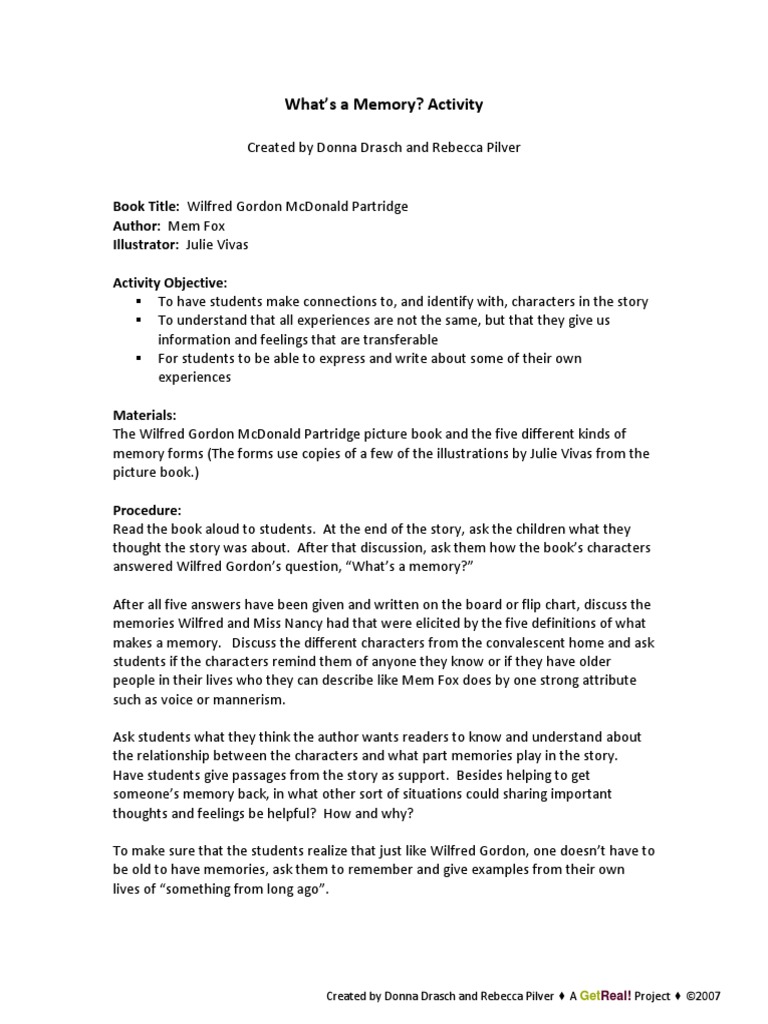 Wilfred Gordon What's A Memory Activity | PDF | Books