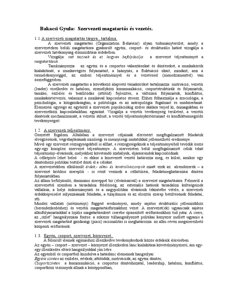 Bakacsi Gyula Szervezeti Magatartás És Vezetés Jegyzet | PDF