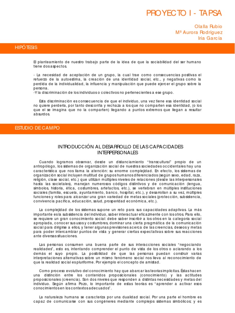 Proyecto Tapsa La Sociabilidad Humana Descargar Gratis Pdf