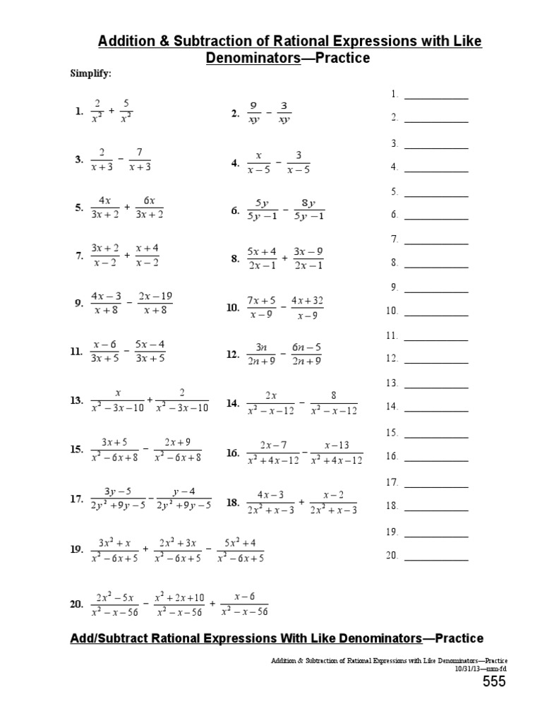 Rational Expressions: Add & Subtract Practice | PDF
