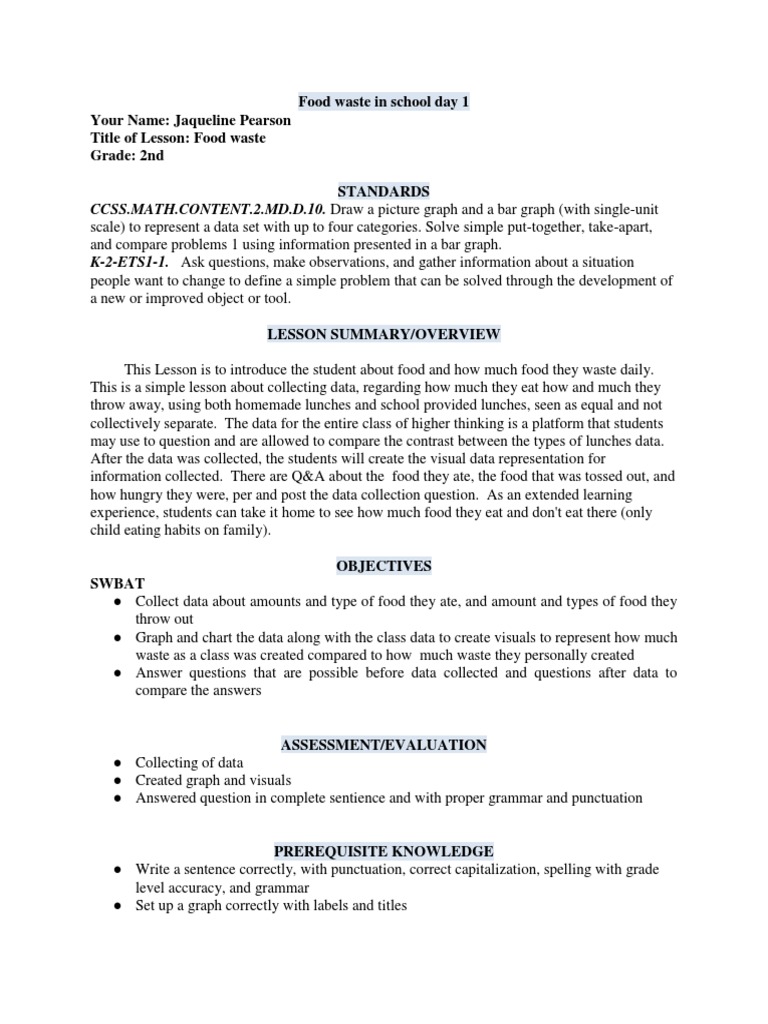 Food Waste in School Day 1 Your Name: Jaqueline Pearson Title of Lesson ...