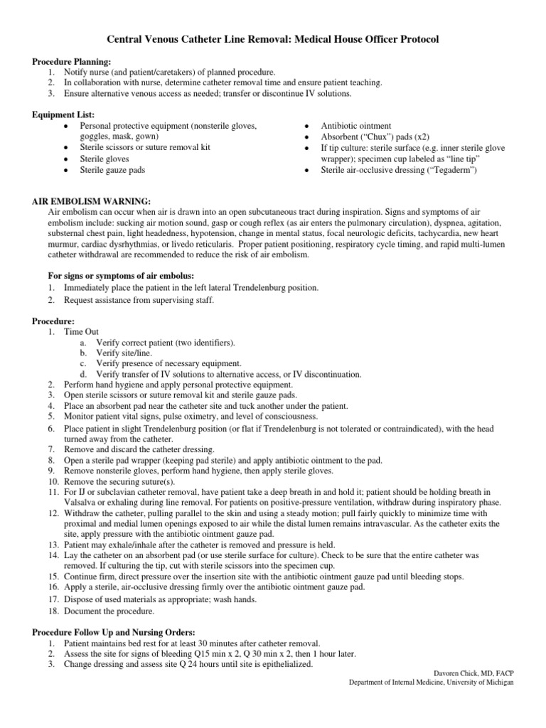 Central Line Removal Protocol | PDF | Medicine | Clinical Medicine