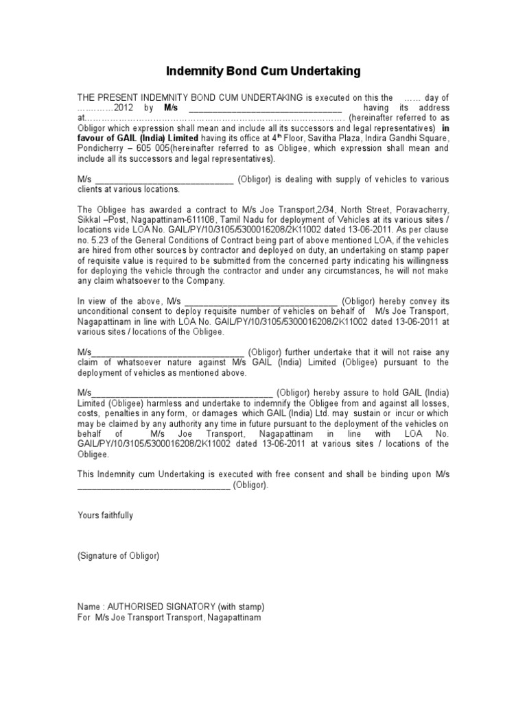 Indemnity Bond For Vehicle | PDF
