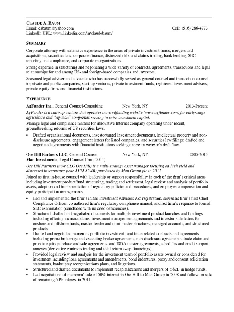 Hedge Fund General Counsel in New York City Resume Claude Baum | Hedge ...