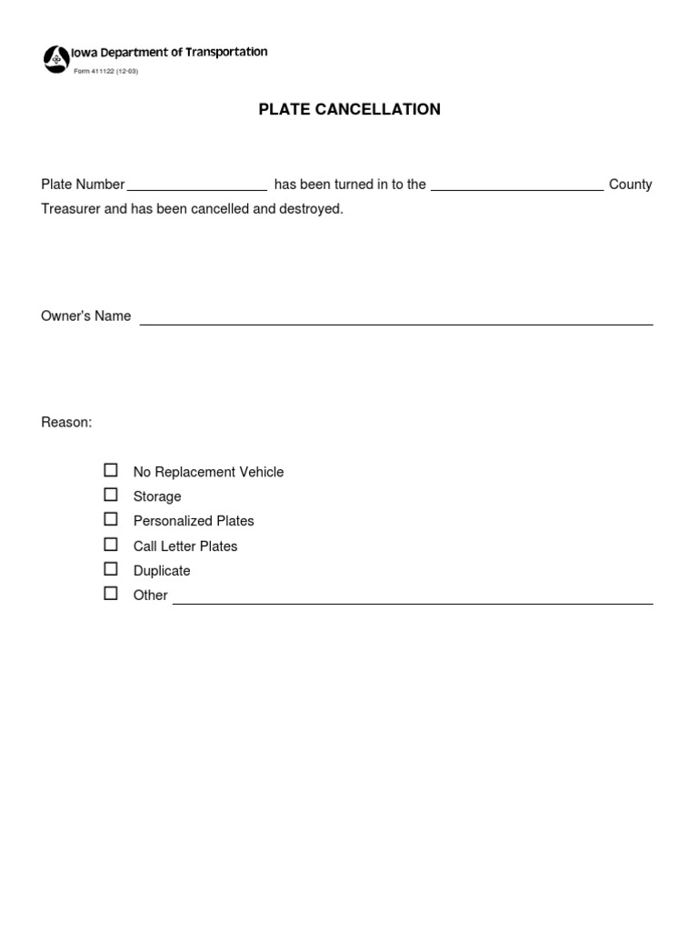 Plate Cancellation Form 411122 Details | PDF