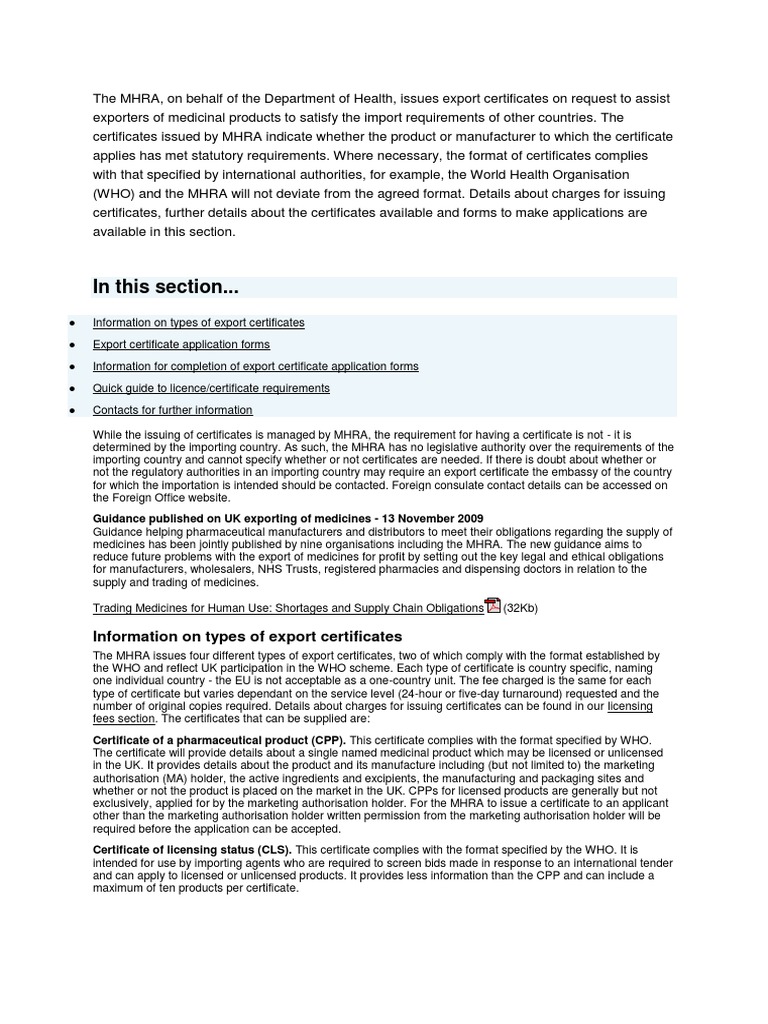 MHRA Export Certificates Guide for Pharmaceutical Products | PDF ...