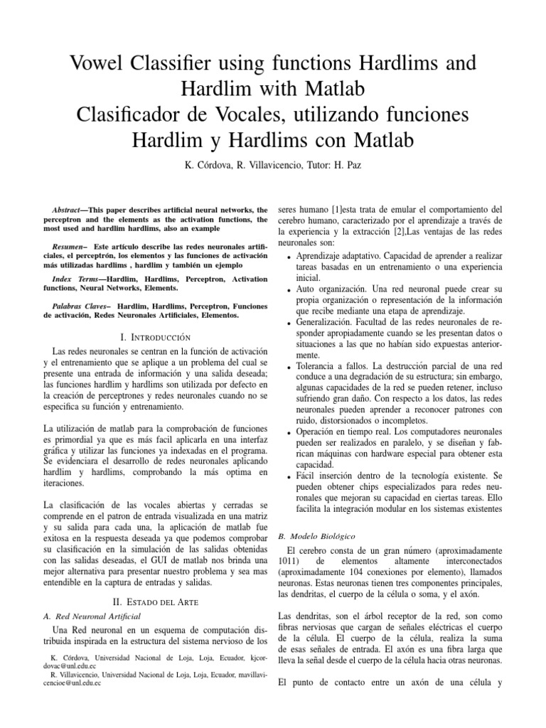 Clasificador de Vocales Utilizando Funciones Hardlim y Hardlims Con ...