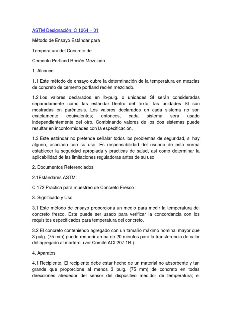 Astm C 1064 Temperatura Del Concreto | PDF | Calibración | Cemento