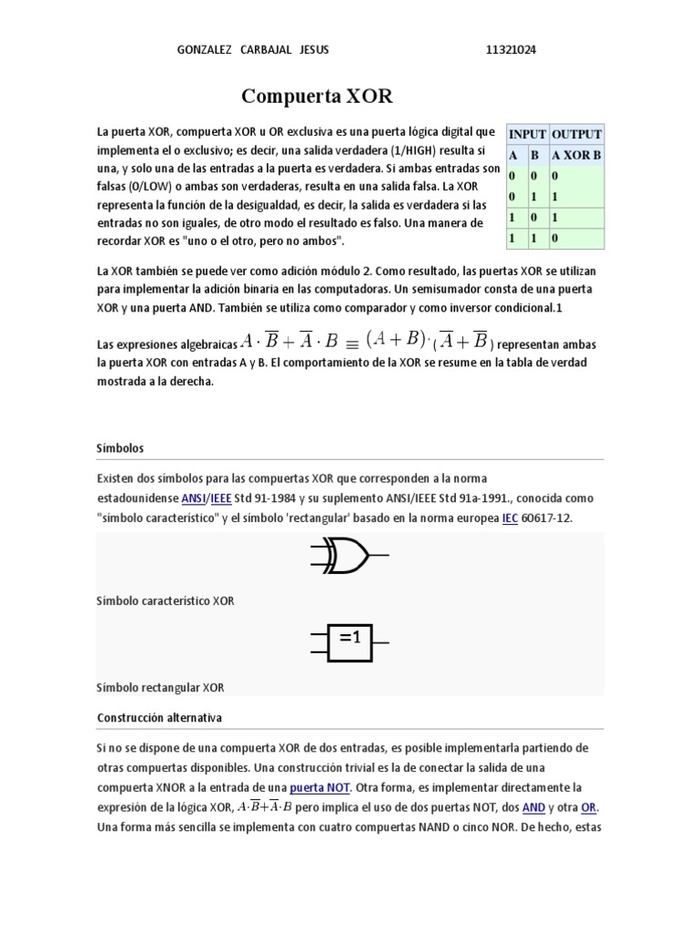Compuerta XOR | PDF | Puerta lógica | Lógica matemática