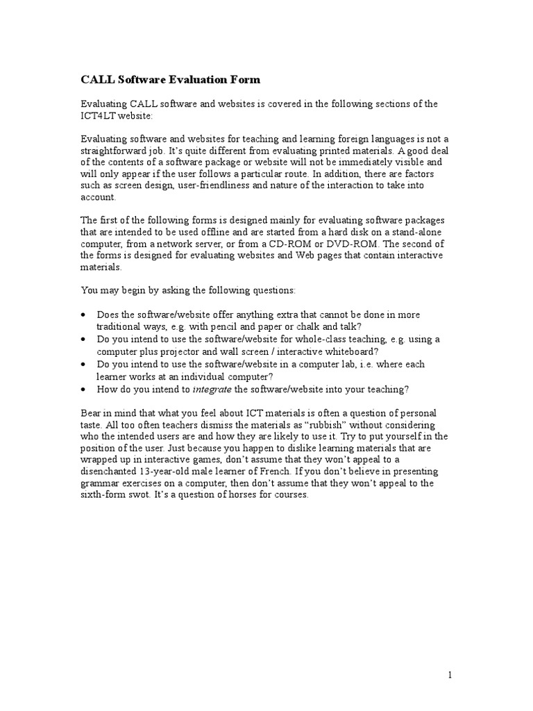 CALL Software Evaluation Form | PDF | Career & Growth