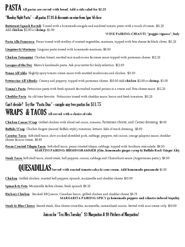 Delicious Pasta and Tex-Mex Menu Options | PDF | Salad | Hamburgers