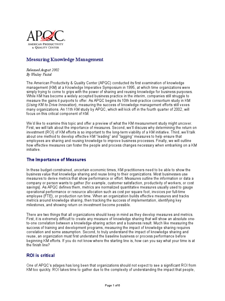 4140 Measuring KM-APQC Article | PDF | Return On Investment | Business ...