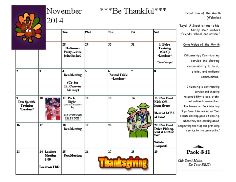 November Cub Scout Activities Calendar | PDF