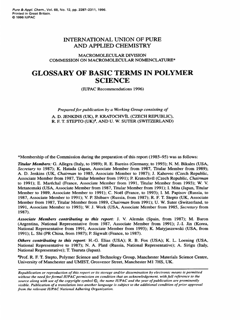 Glossary of Basic Terms in Polymer Science | PDF | Polymerization | Copolymer