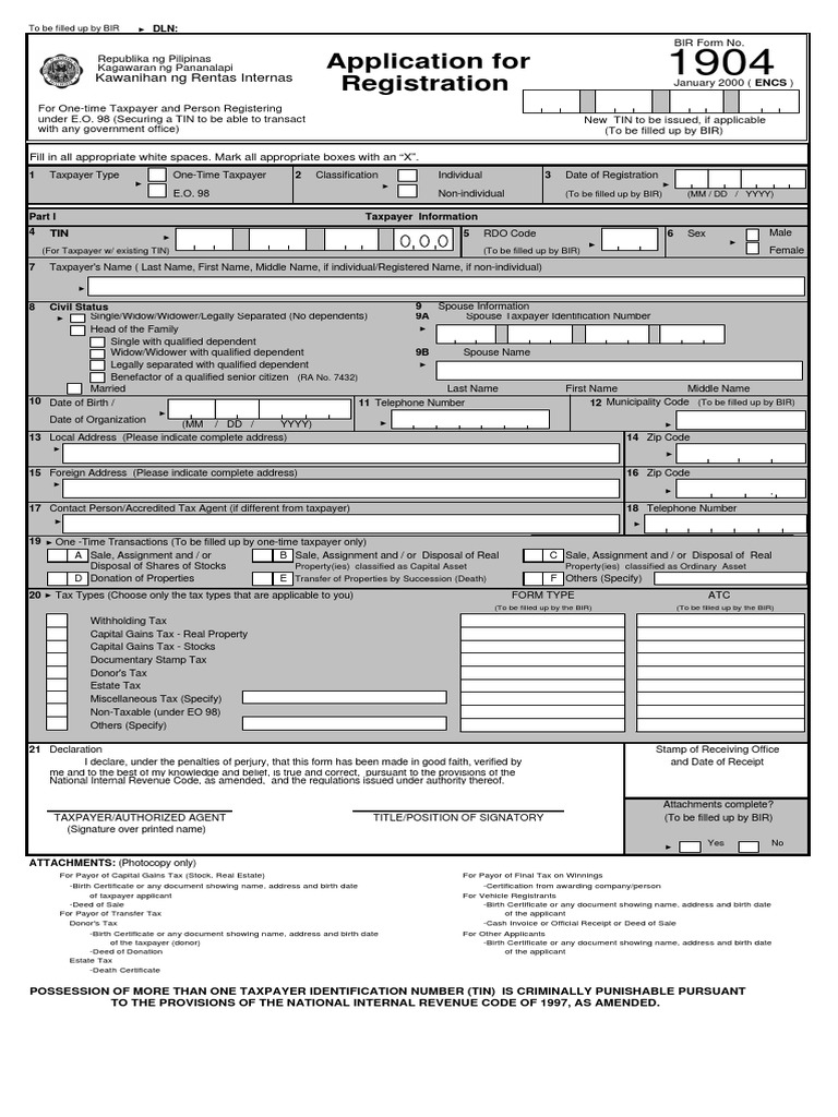 Application One-time Taxpayer Philippine BIR Form No. 1904 | Taxpayer ...