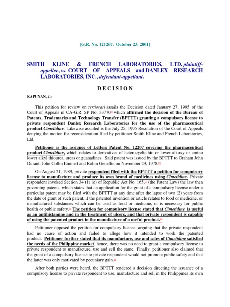 Smith Kline & French Lab v. CA & Danlex Research Lab | PDF
