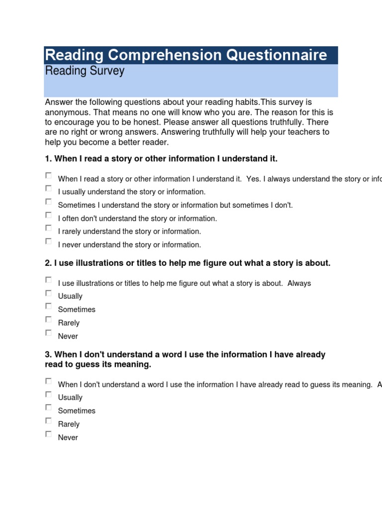 Reading Comprehension Questionnaire | PDF | Reading Comprehension ...