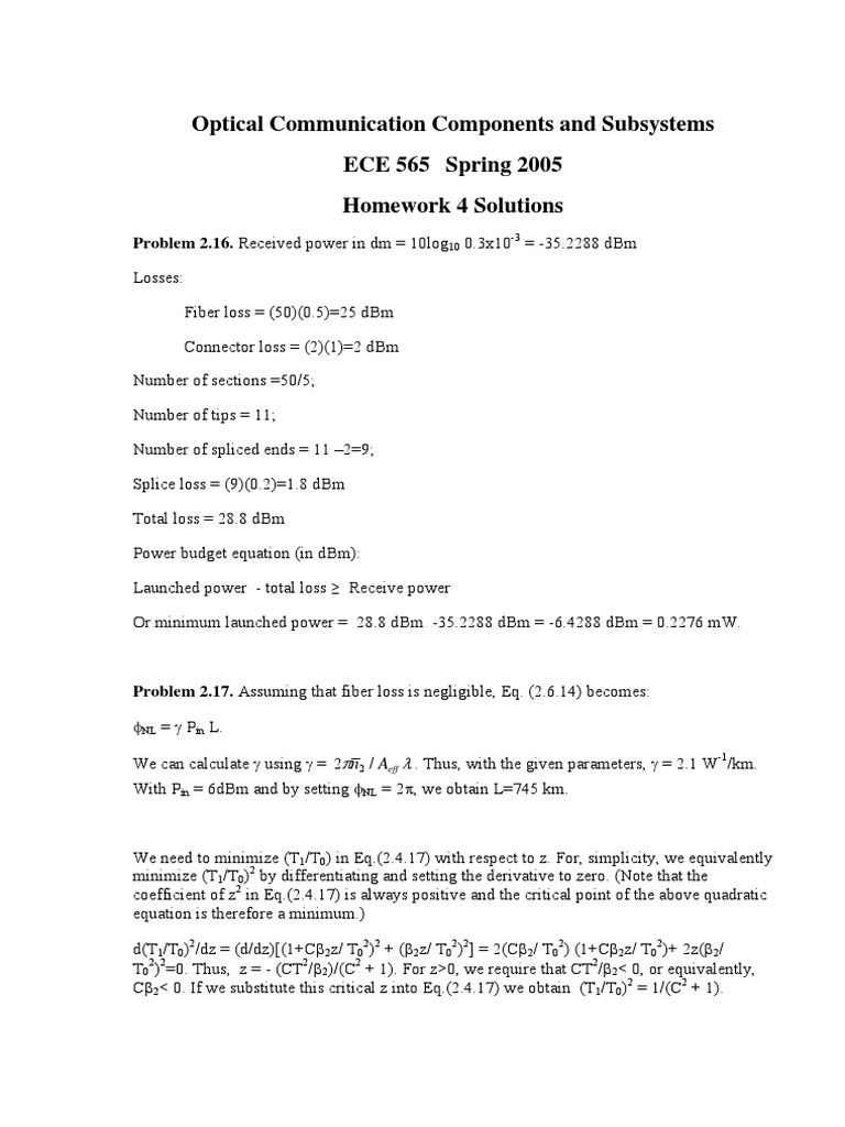 Optical Communication Components and Subsystems ECE 565 Spring 2005 ...