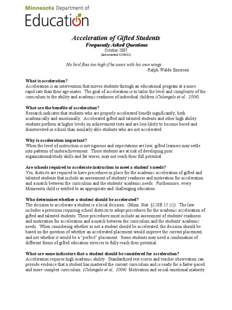 Acceleration of Gifted Students: Frequently Asked Questions | PDF ...