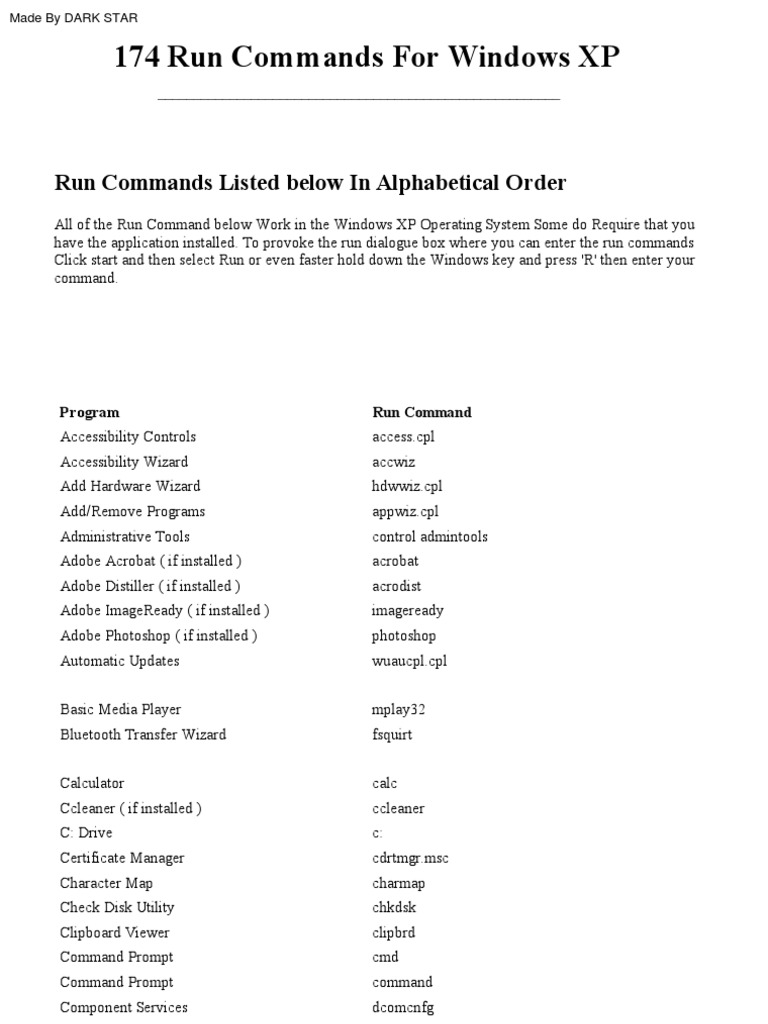 Windows XP Run Command List | PDF