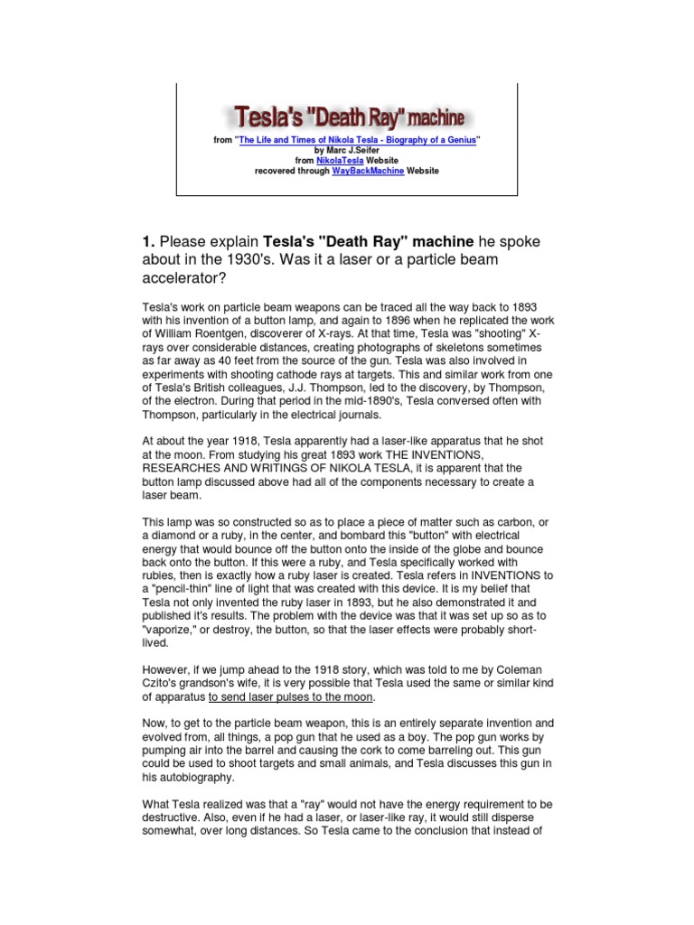 Please Explain Tesla's "Death Ray" Machine He Spoke | PDF | Social ...