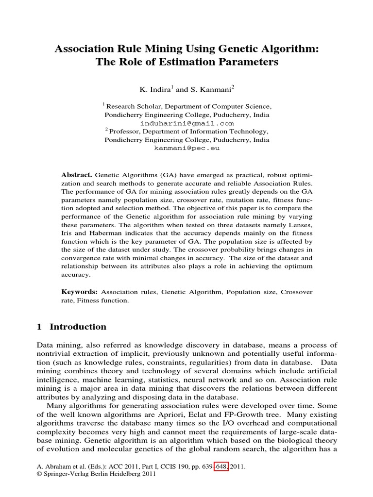 Association Rule Mining Using Genetic Algorithm The Role Of Estimation Parameters Pdf