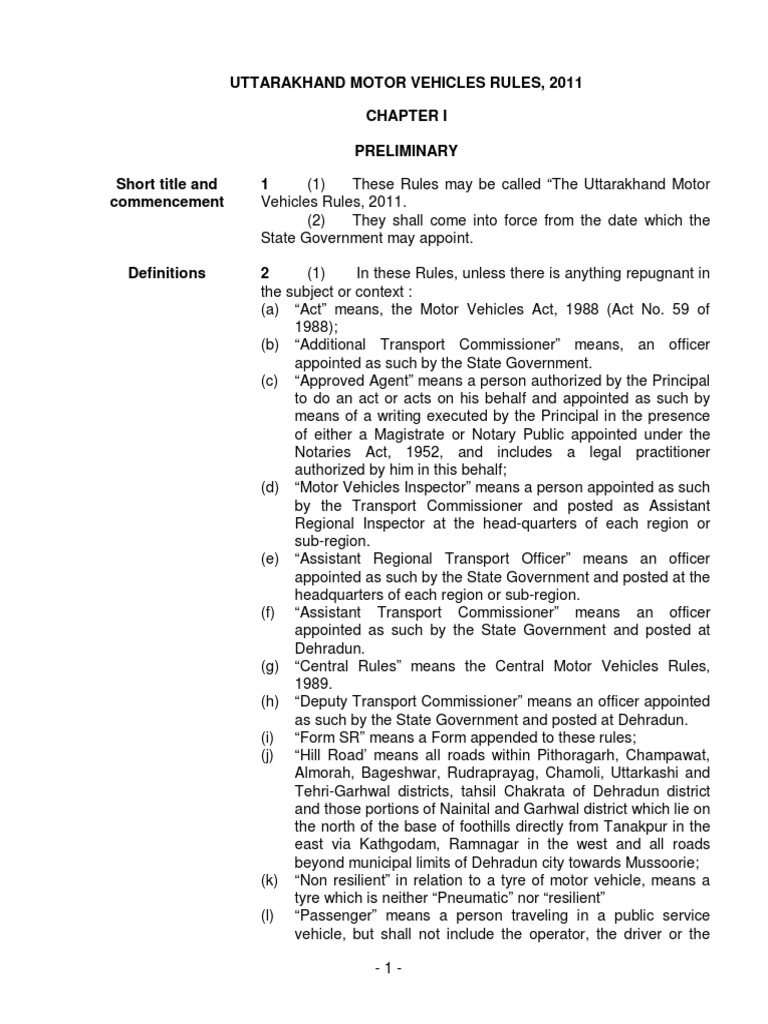 Uttarakhand Motor Vehicles Rule 2011 (ENglish) | Download Free PDF ...