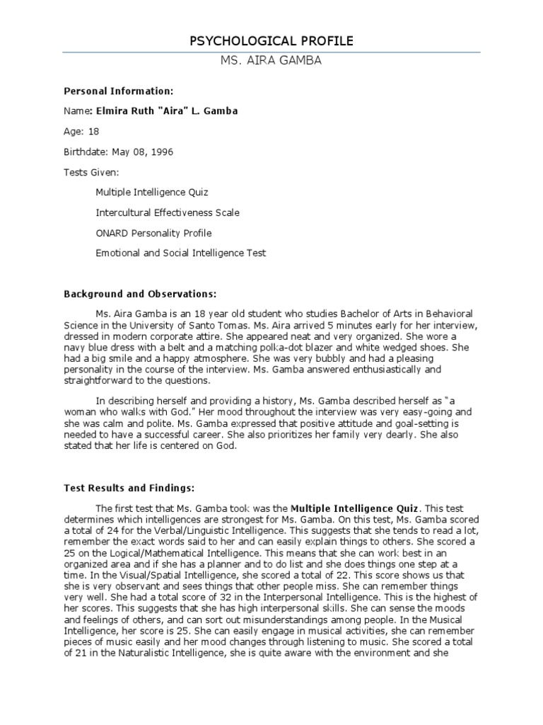 Sample Psychological Profile | PDF | Self Awareness | Intelligence