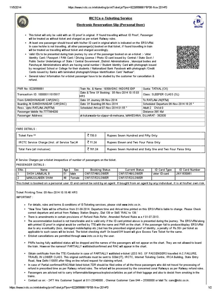 Irctcs E-Ticketing Service Electronic Reservation Slip (Personal User) | PDF | Identity Document ...