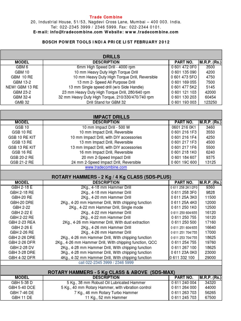 Bosch Power Tools Price List February 2012 | PDF | Drill | Lithium Ion ...
