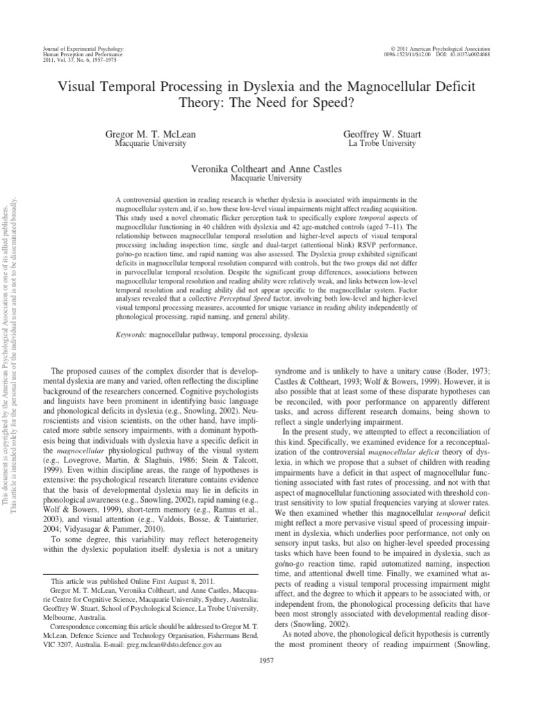 VisuVisual Temporal Processing in Dyslexia and The Magnocellular Al ...