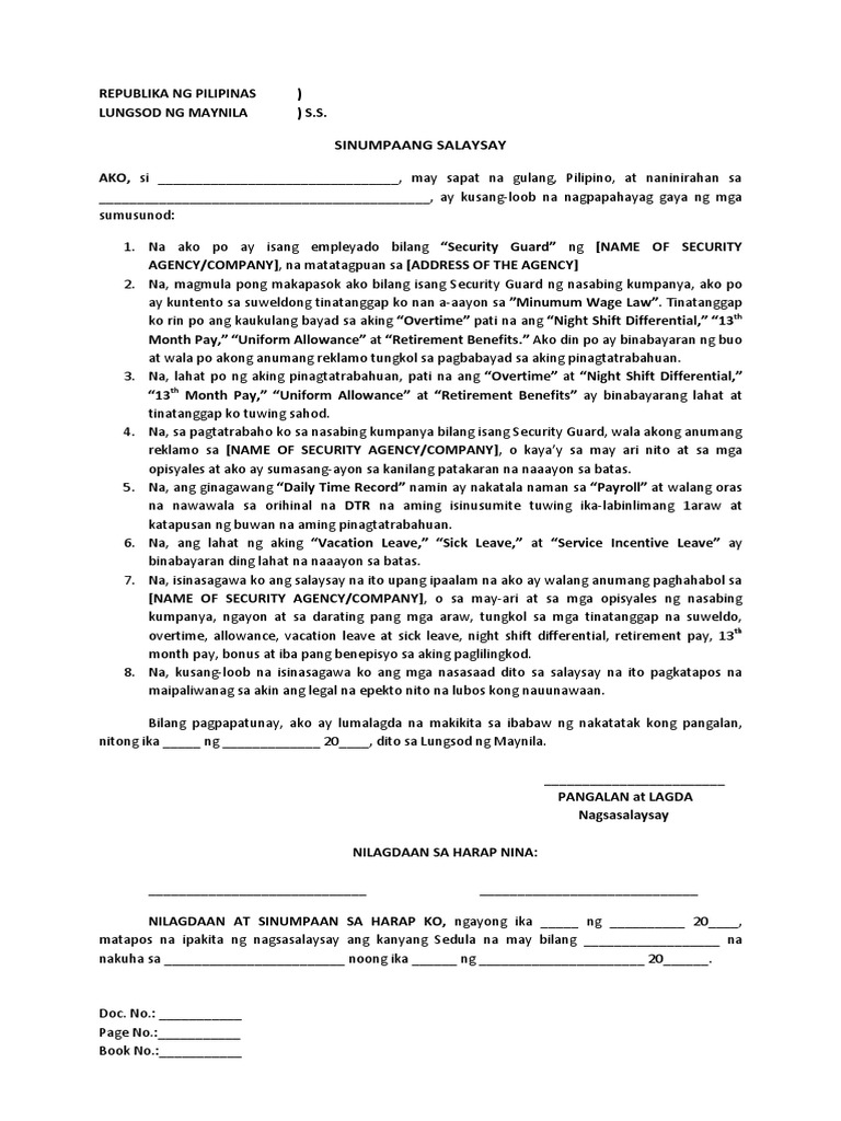 Sample Form of Sworn Statement Tagalog | PDF