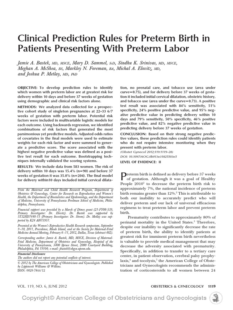 App Acog 2012 | PDF | Preterm Birth | Sensitivity And Specificity
