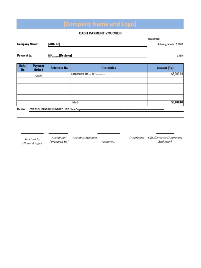 Cash Voucher Template Excel
