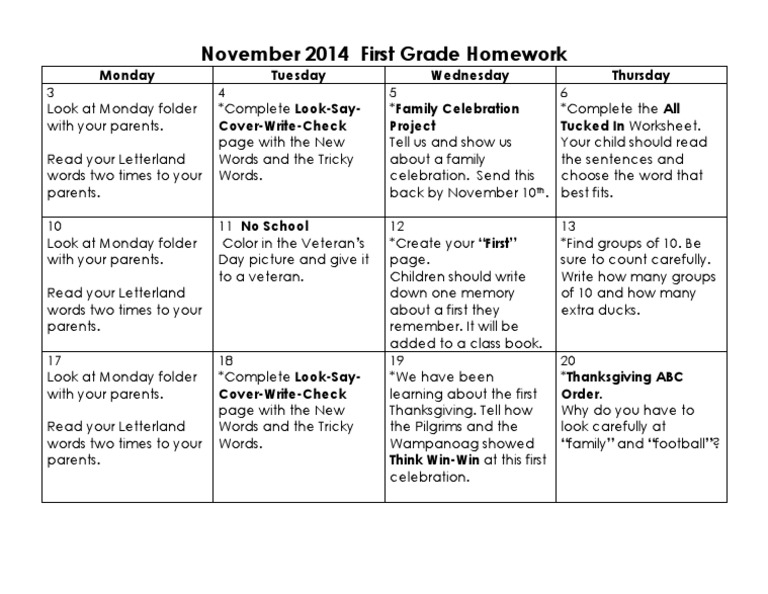 November 2014 First Grade Homework: Monday Tuesday Wednesday Thursday ...