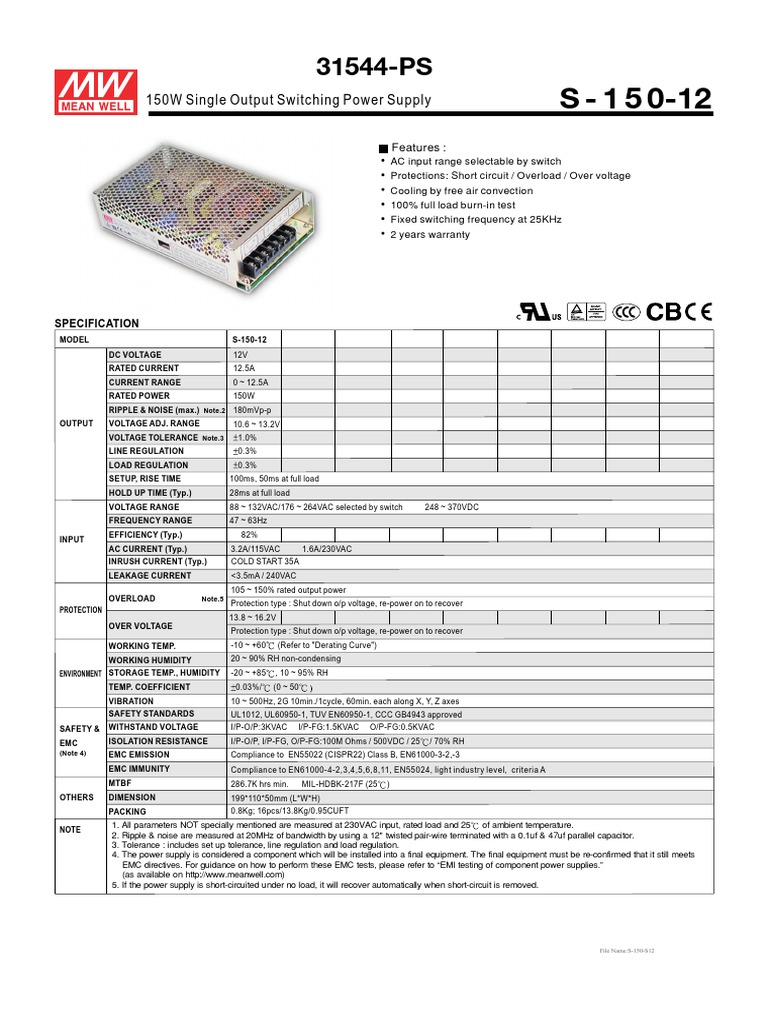 MeanWell S-150-12 Power Supply | PDF | Power Supply | Rectifier