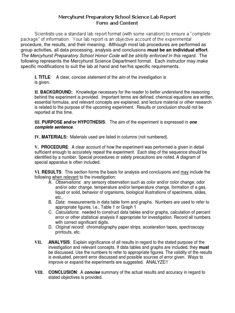 Mercyhurst Preparatory School Science Lab Report PDF | PDF | Experiment ...