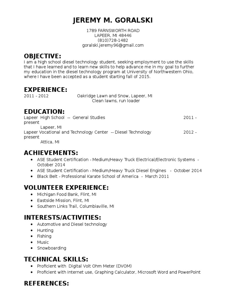 Diesel Technology Student Resume | PDF