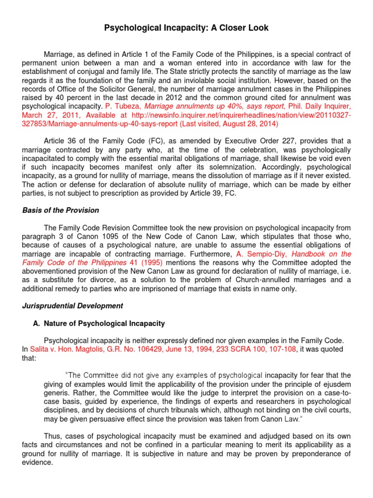 Psychological Incapacity | PDF | Annulment | Marriage