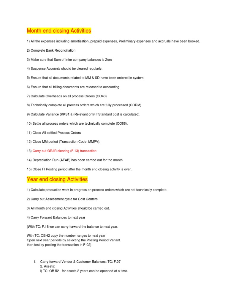 SAP Month End - Year End Closing Activities