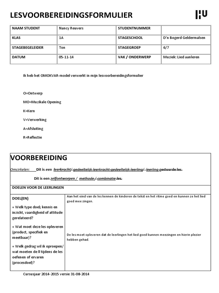 Lesvoorbereidings Formulier, Lied Aanleren: de Droomboom | PDF