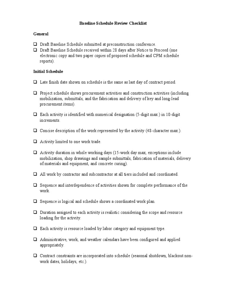 Baseline Schedule Review Checklist General | PDF