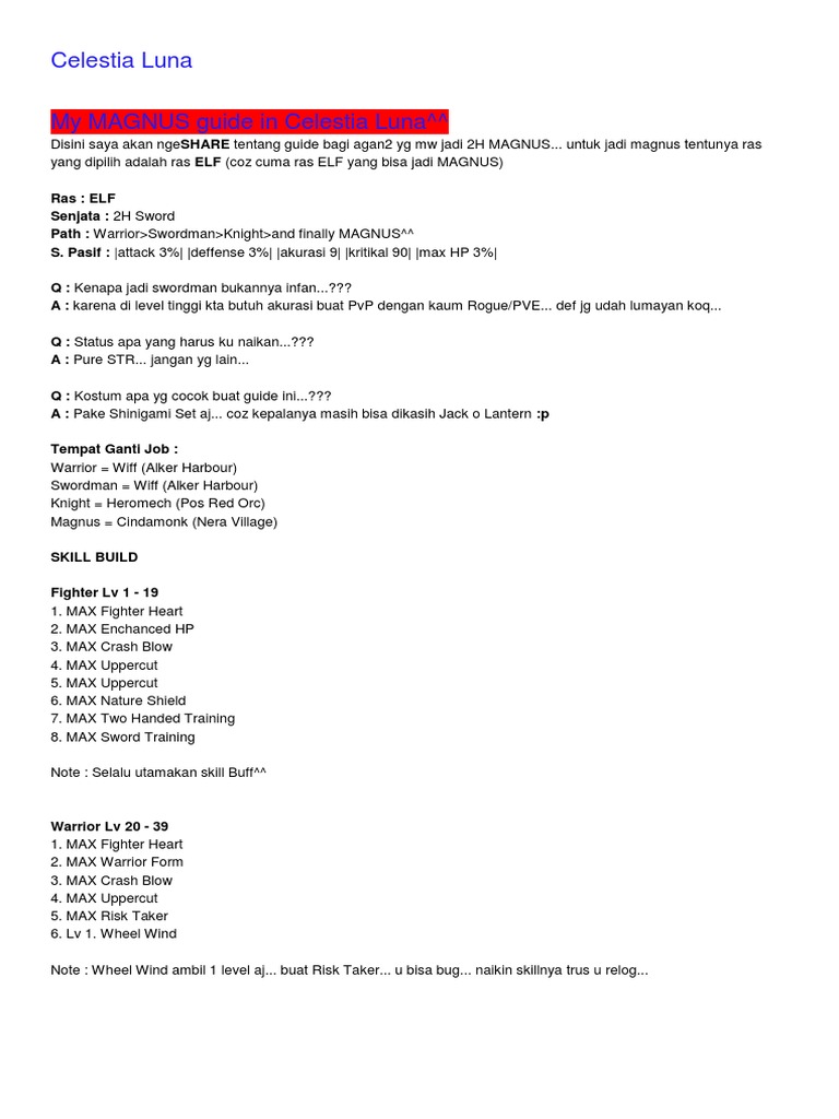 Celestia Luna Job Guide: Magnus & Swordmaster | PDF