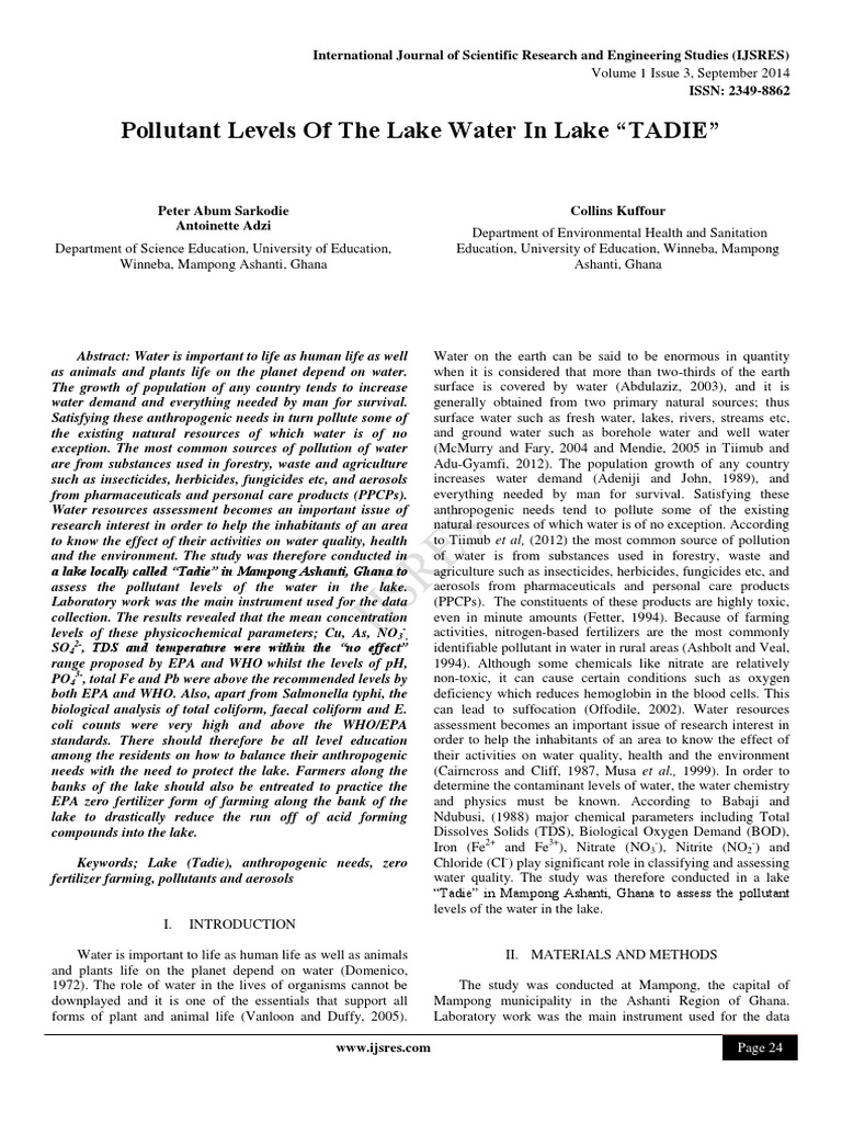 Pollutant Levels of The Lake Water in Lake "TADIE" | PDF | Human Impact ...