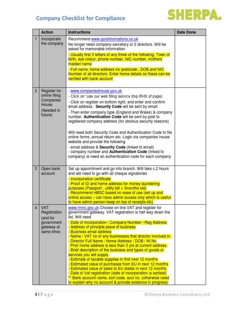 Checklist - New Company Compliance Set Up | PDF | Value Added Tax ...