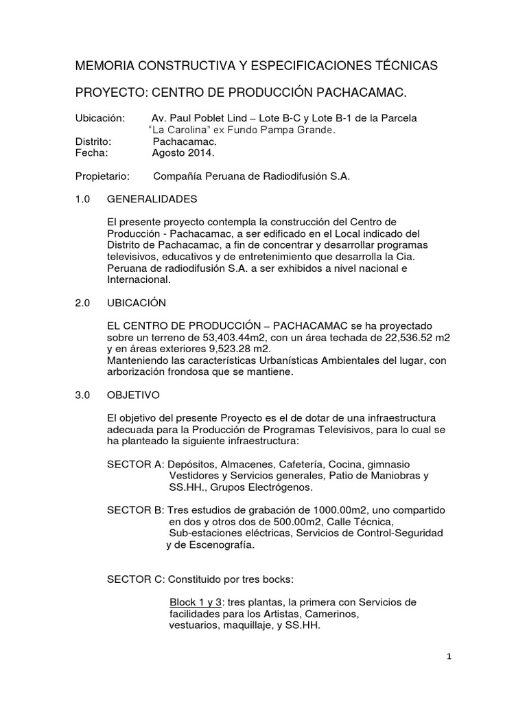 Memoria Constructiva y Especificaciones Tecnicas | PDF | Ladrillo | Cemento