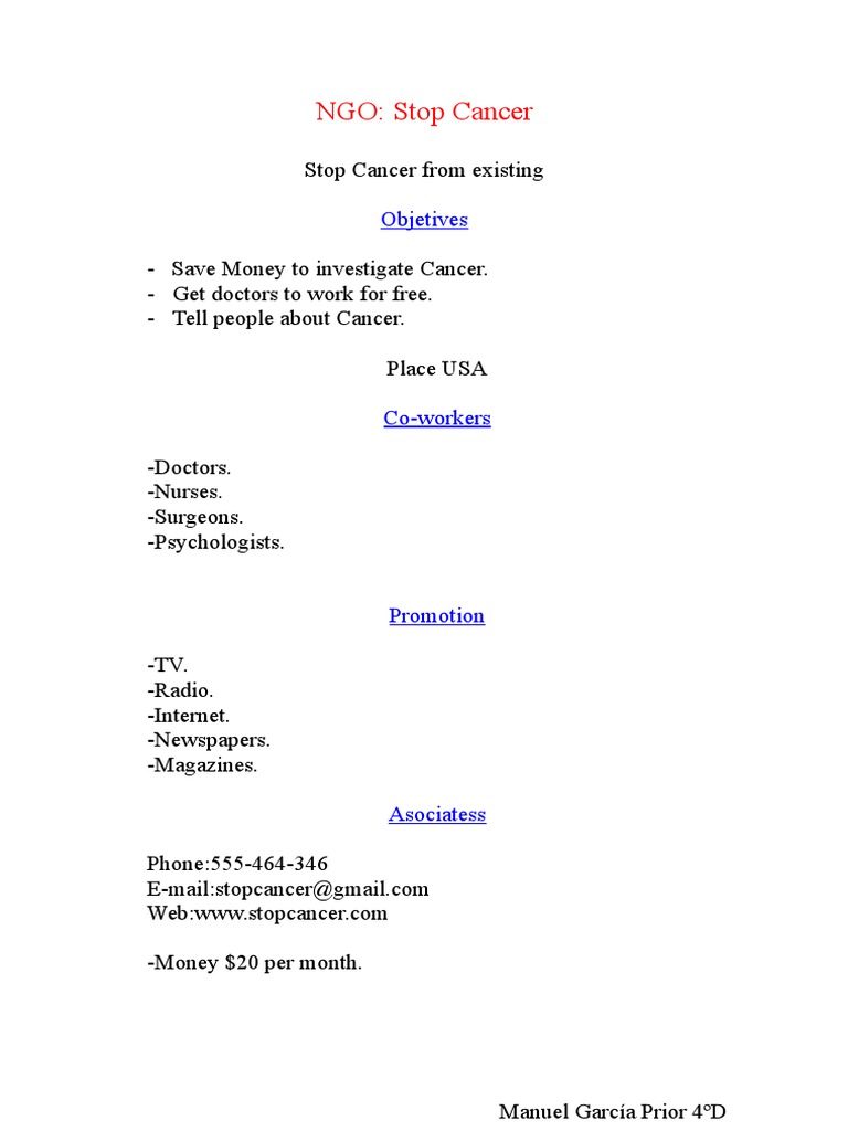 Stop Cancer NGO: Objectives & Promotion | PDF
